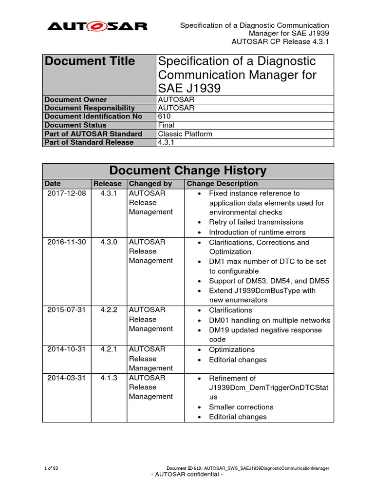 AUTOSAR SWS SAEJ1939DiagnosticCommunicationManager | PDF | Specification (Technical Standard ...