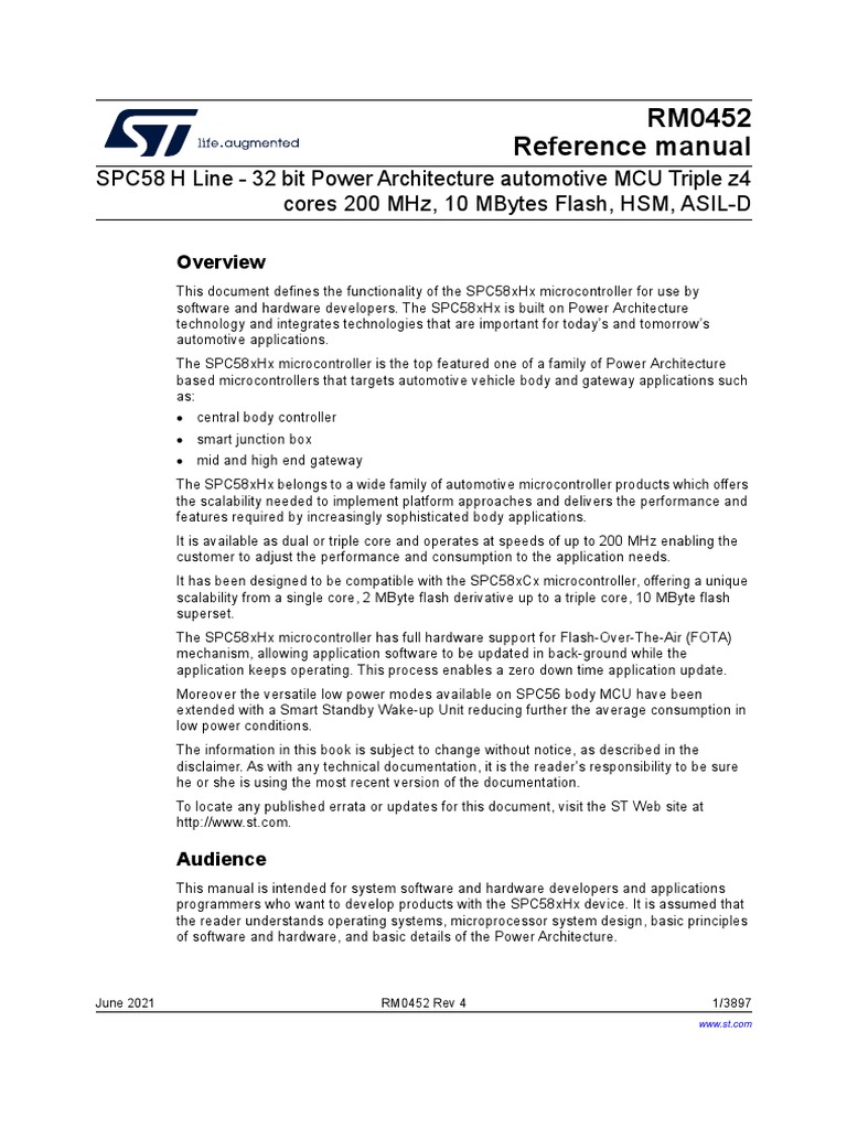 Rm0452 Spc58 H Line 32 Bit Power Architecture Automotive Mcu Triple Z4 Cores 200 Mhz 10 Mbytes