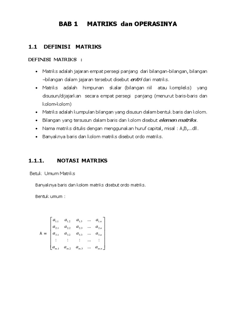 Bab 1 Matriks Dan Operasinya | PDF