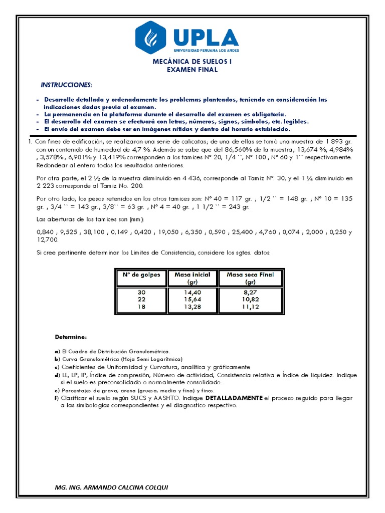 Examen Final 2022 - Suelos I - UPLA 2022-2 | PDF | Suelo | Sedimentología