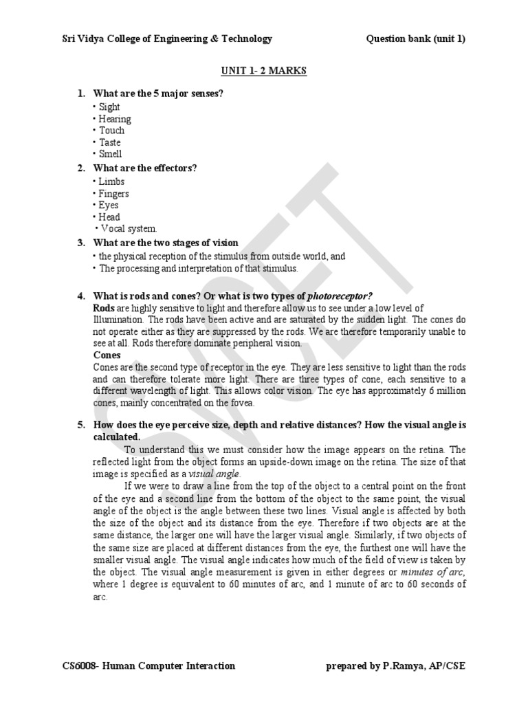Hci 2 Mark Question Bank Unit 1 | PDF | Senses | Visual Perception