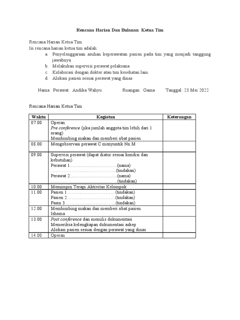Rencana Harian Dan Bulanan Ketua Tim | PDF