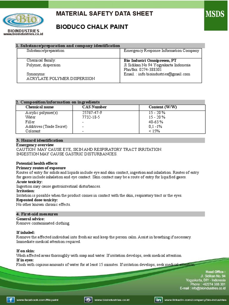 Bioduco Chalk Paint MSDS Summary | PDF | Personal Protective Equipment ...