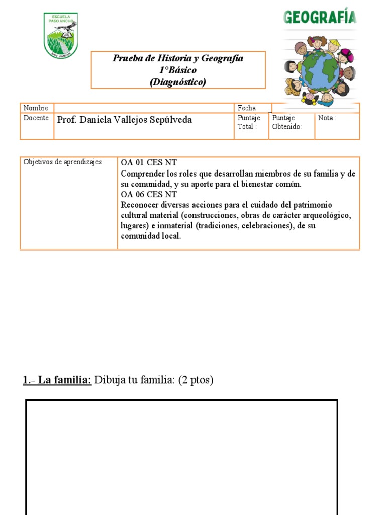 Prueba Diagnóstica Historia y Geografía 1° Básico | PDF