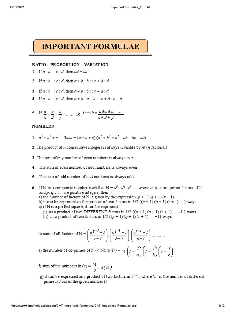 Important Formulae - For CAT | PDF | Circle | Angle