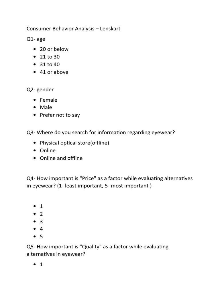Consumer Behavior Questionnaire Lenskart | PDF