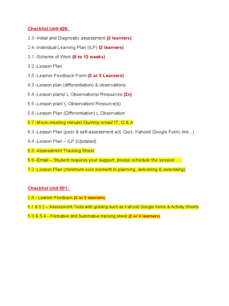 UNIT 426 & 501 - Evidence Checklist | PDF