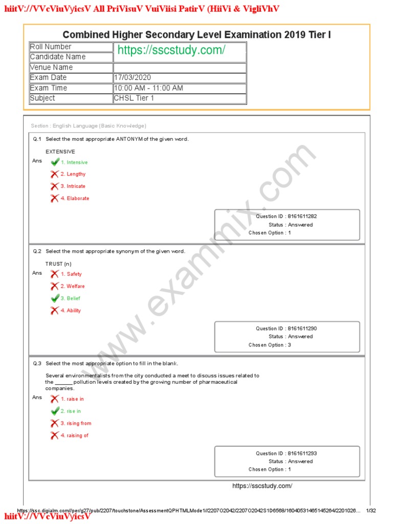 SSC CHSL English Question Paper 2020 | PDF