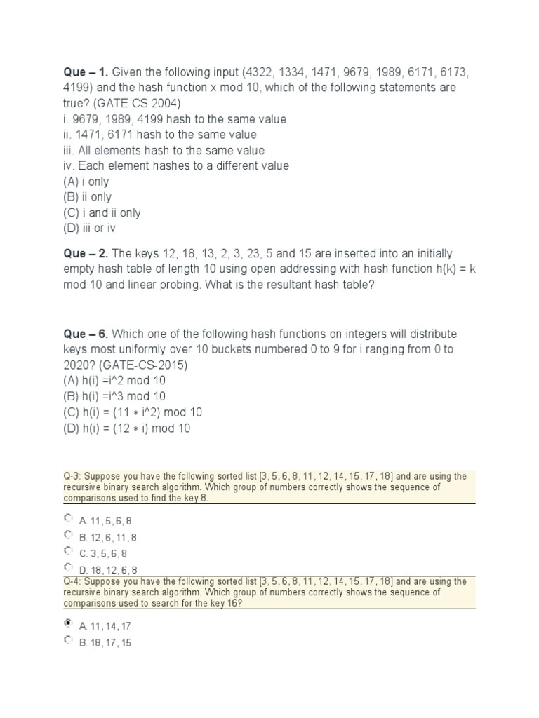 Numericals On Hashing and Sorting | PDF | Algorithms | Discrete Mathematics