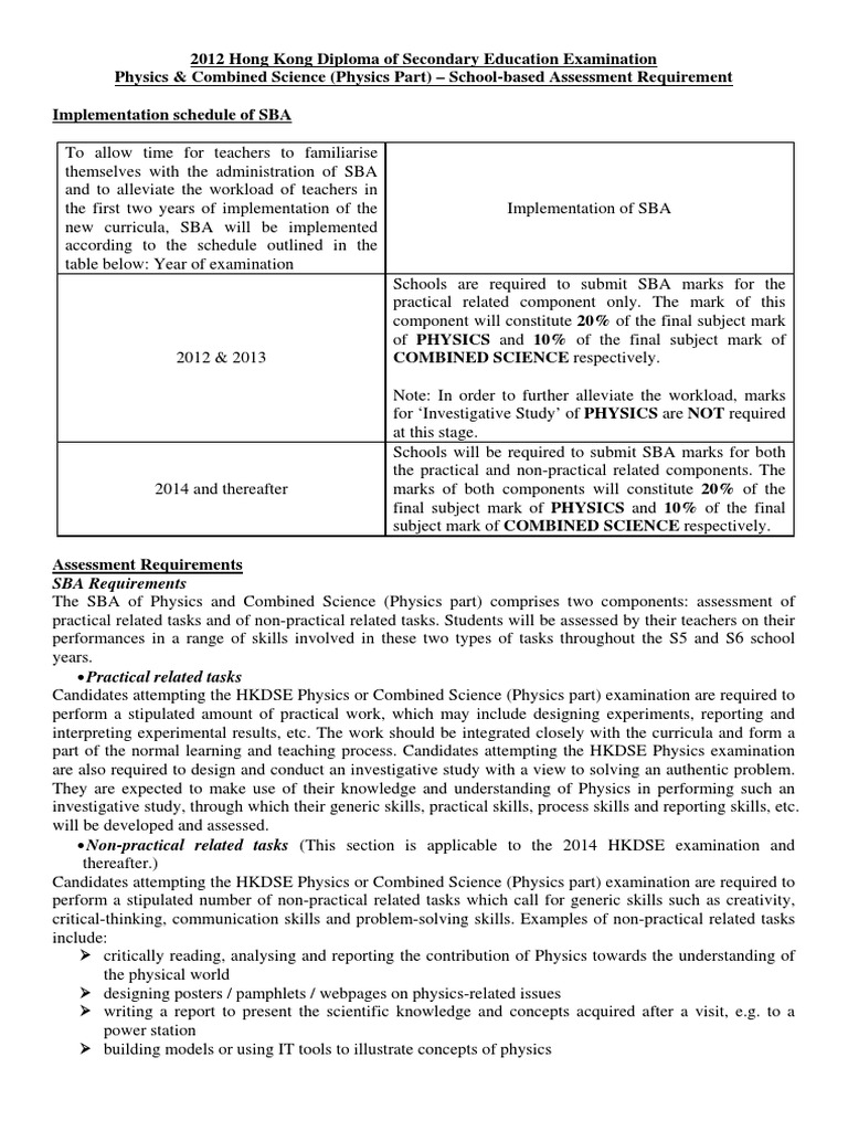 HKDSE - Physics Dept - SBA Requirements | PDF | Teachers | Educational ...
