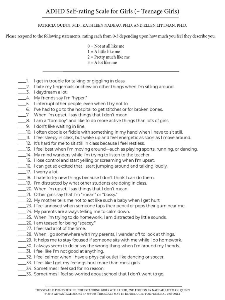 ADHD Self Rating Scale For Teenage Girls Full | PDF