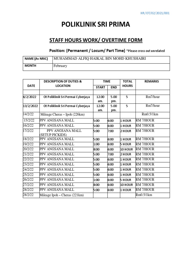 Hour Work Form Feb Alfiq | PDF
