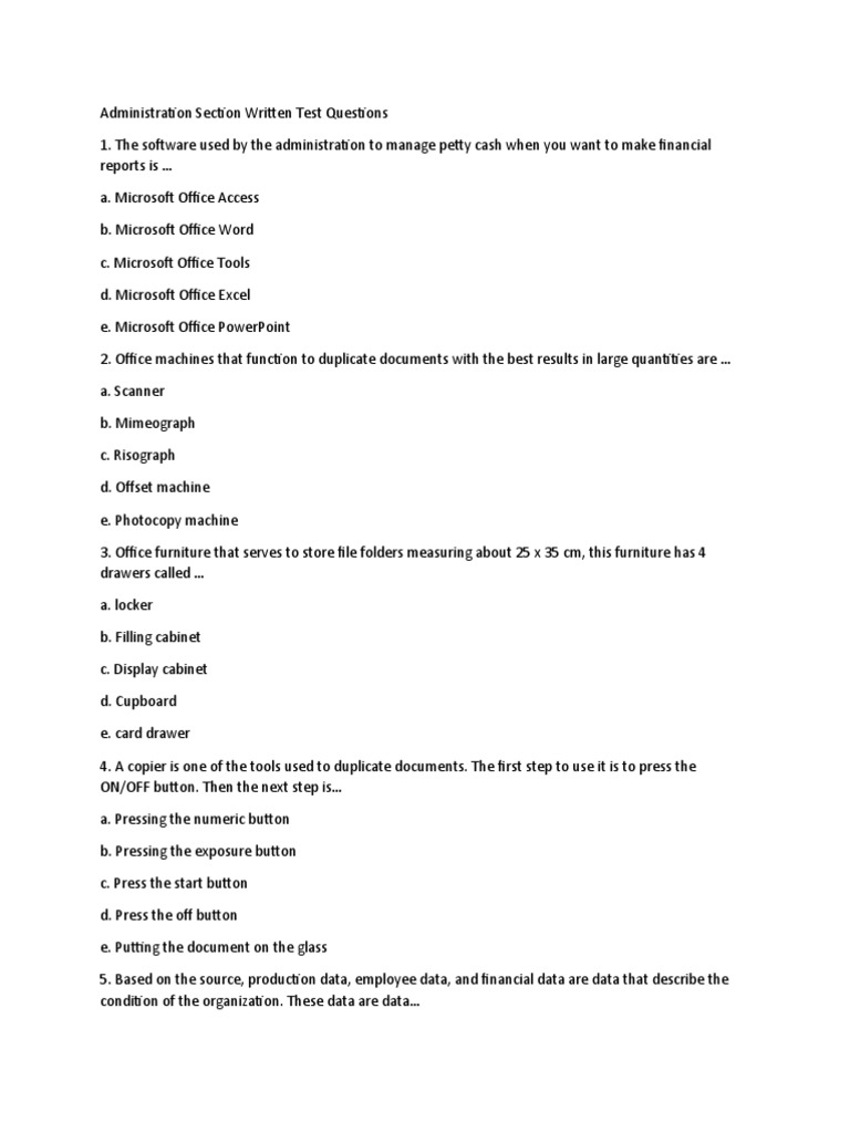 Administration Section Written Test Questions | PDF | Microsoft Office ...