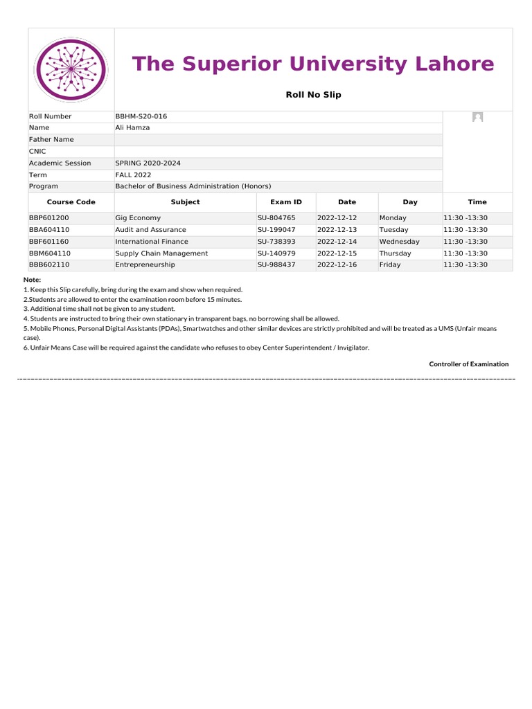 Superior University Exam Roll No Slip | PDF