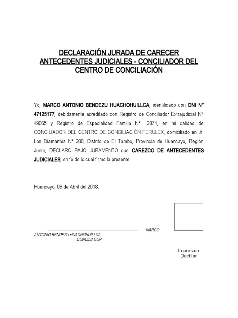 Declaracion Jurada de Carecer Antecedentes Policiales Penales ...