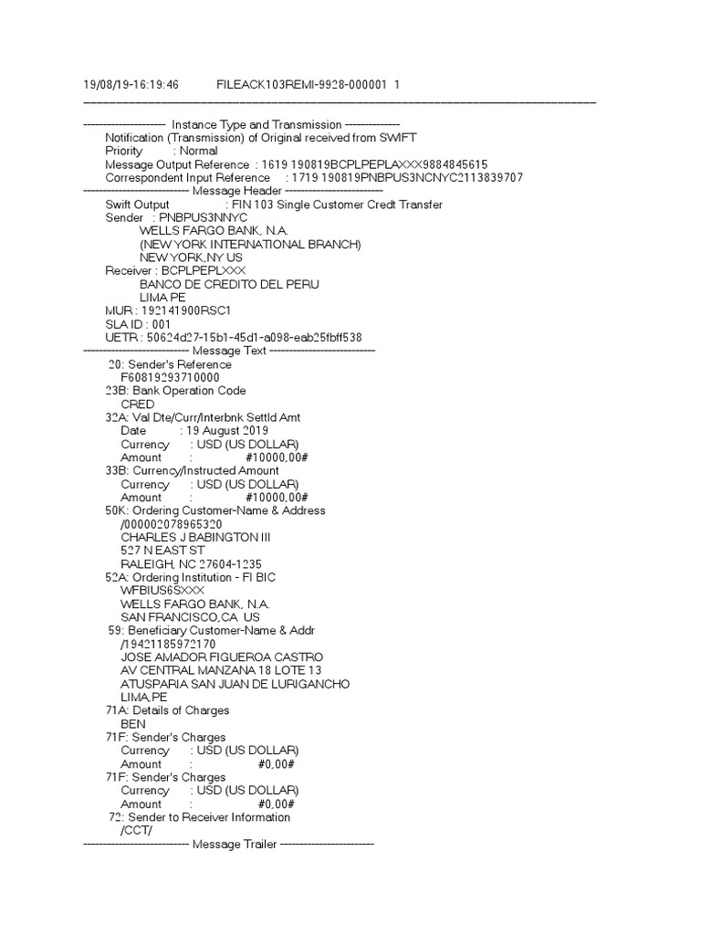 Wells Fargo MT103 SWIFT Message Details | PDF | Computer Science ...