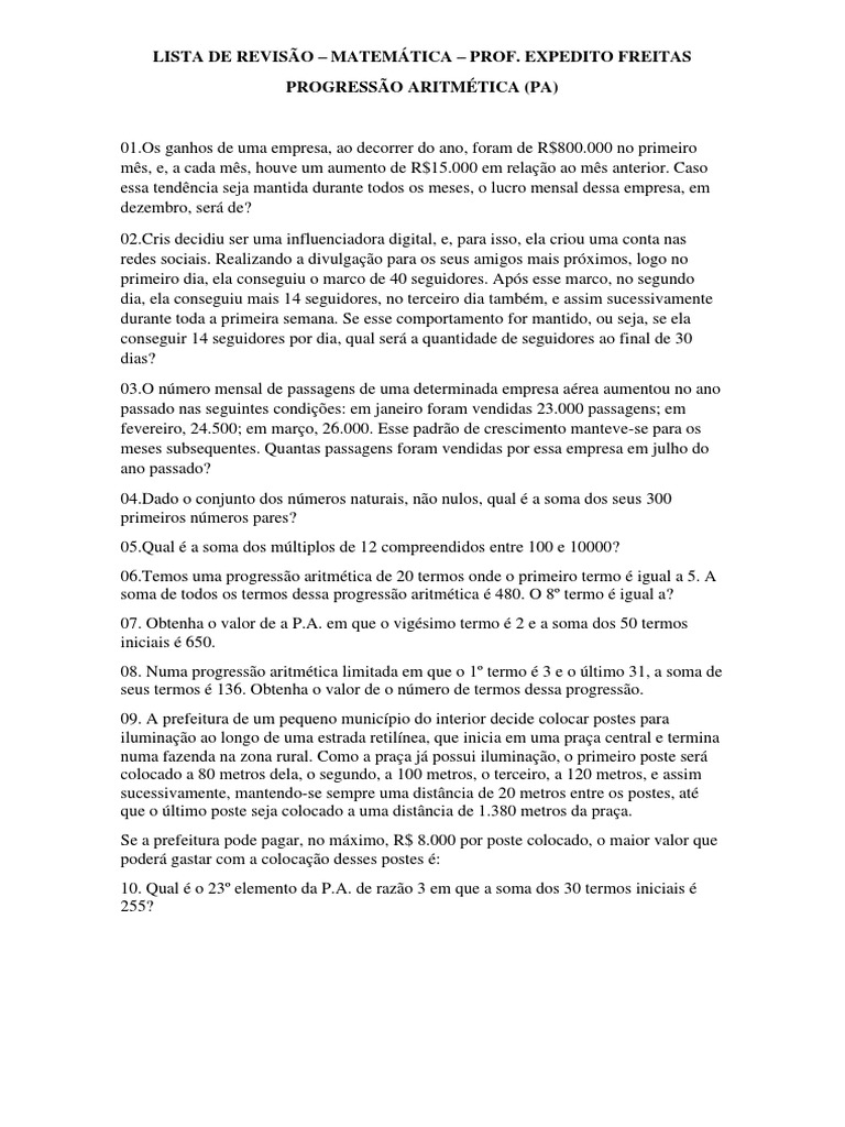 Lista de Revisão - Matemática-1 | PDF