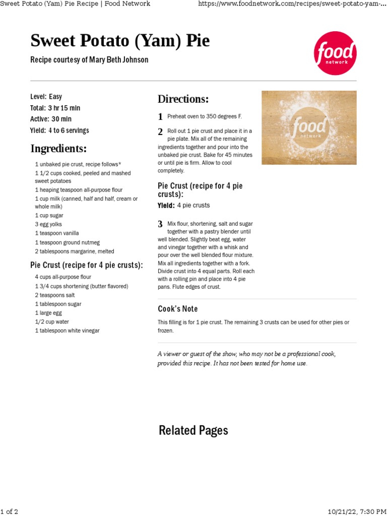 Sweet Potato (Yam) Pie Recipe | PDF | Sweet Potato | Breads