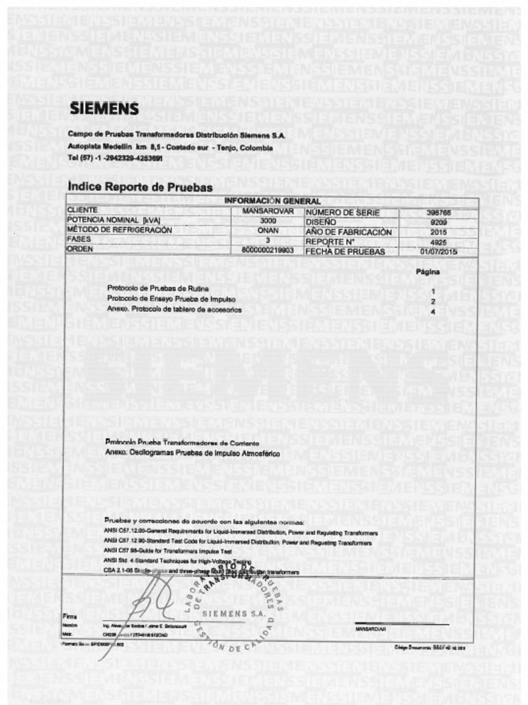 Protocolo Pruebas Transformador 3 MVA SIEMENS | PDF