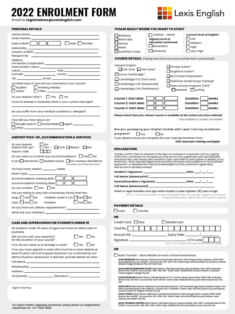 Lexis English 2022 Enrolment Form | PDF | Travel Visa