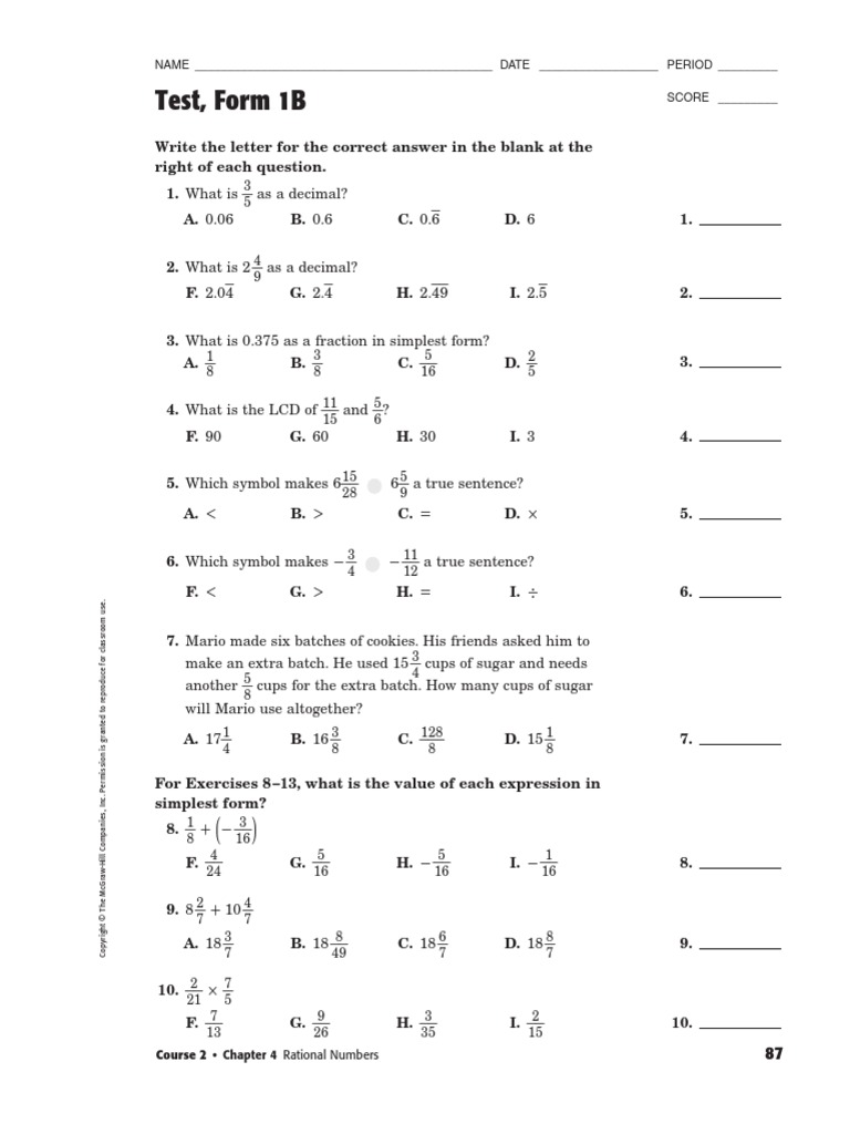 Test, Form 1B: NAME - DATE - PERIOD | PDF | Mathematics