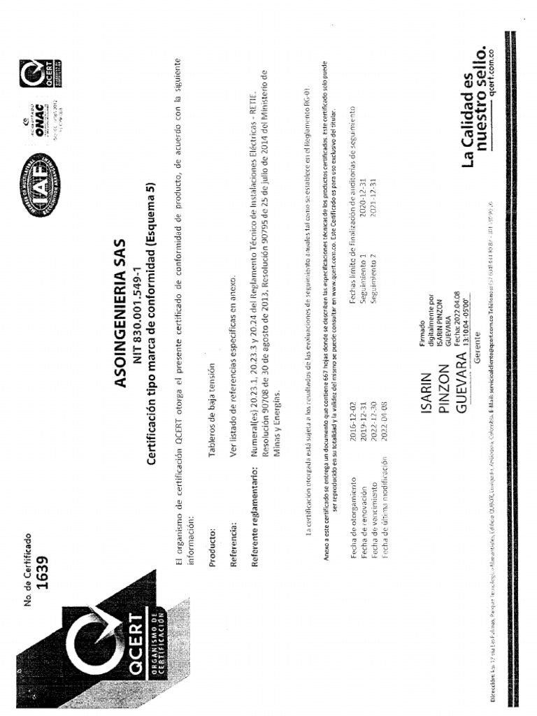 Certeficado de Tableros QCERT | PDF
