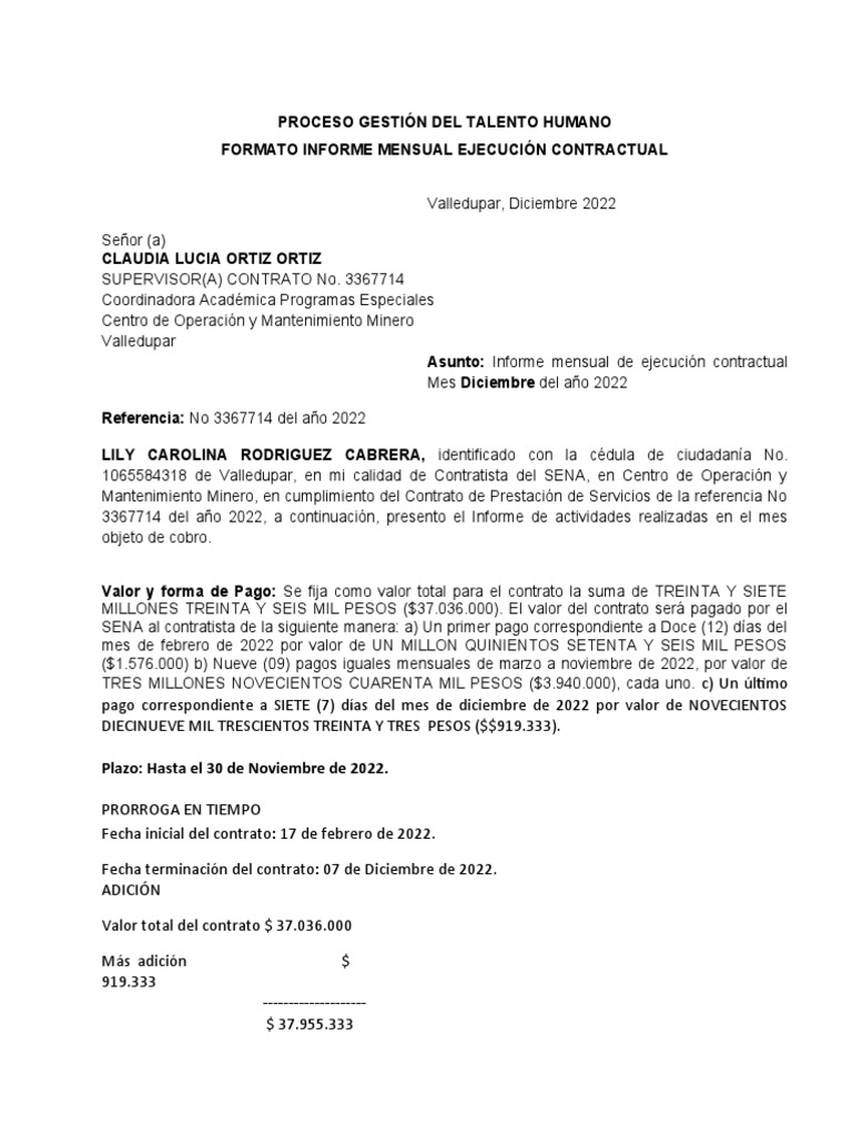 GTH F 062 v09 Formato Informe Mensual de Ejecucion Contractual Final Dic - Lily Rodriguez | PDF ...