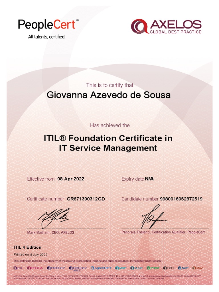 Giovanna Azevedo de Sousa - Certificado Itil 4 | PDF