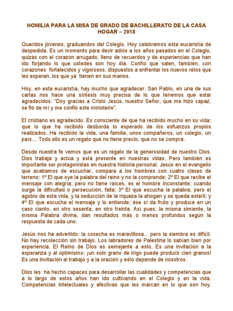 Homilia para La Misa de Grado de Bachillerato de La Casa Hogar - 2018 | PDF | eucaristía | Amor