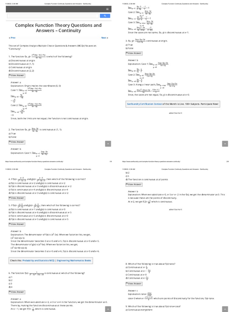 Complex Function Continuity Questions And Answers Sanfoundry Pdf Continuous Function