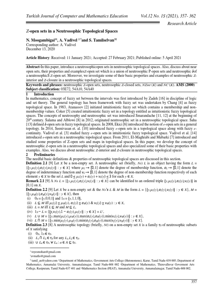 Z Open Sets In A Neutrosophic Topological Spaces Pdf Space Mathematics