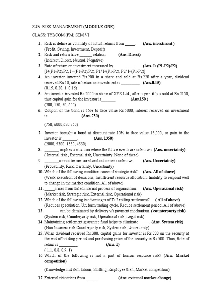 Understanding Risk Management: An Evaluation of Key Concepts Through Multiple Choice Questions ...