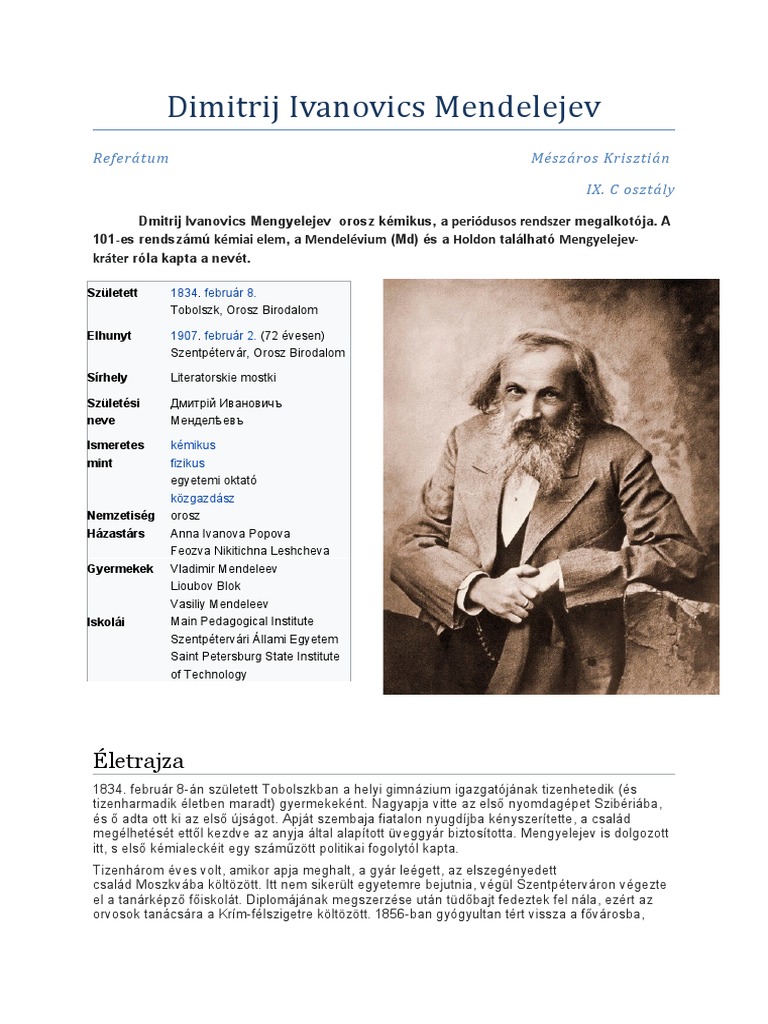 Dimitrij Ivanovics Mendelejev | PDF