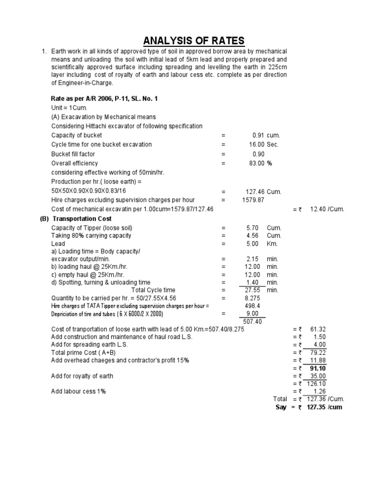 Excavation Rate Analysis and Costs | PDF