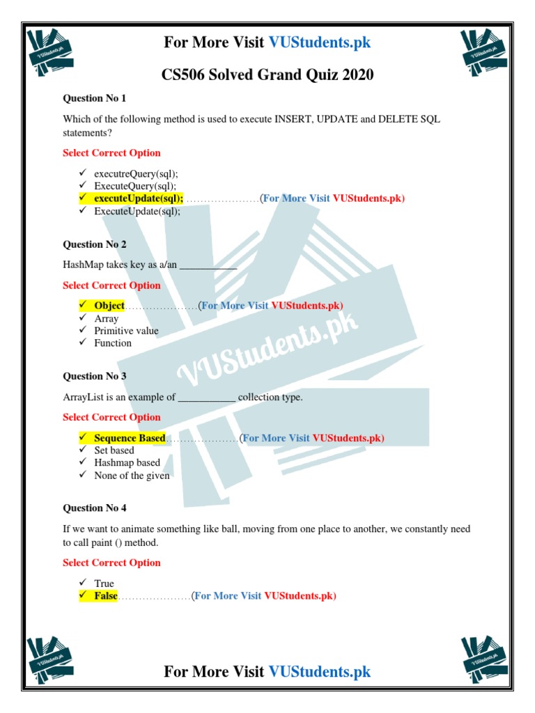 CS506 Solved Grand Quiz 2020 | PDF | Class (Computer Programming) | Method (Computer Programming)