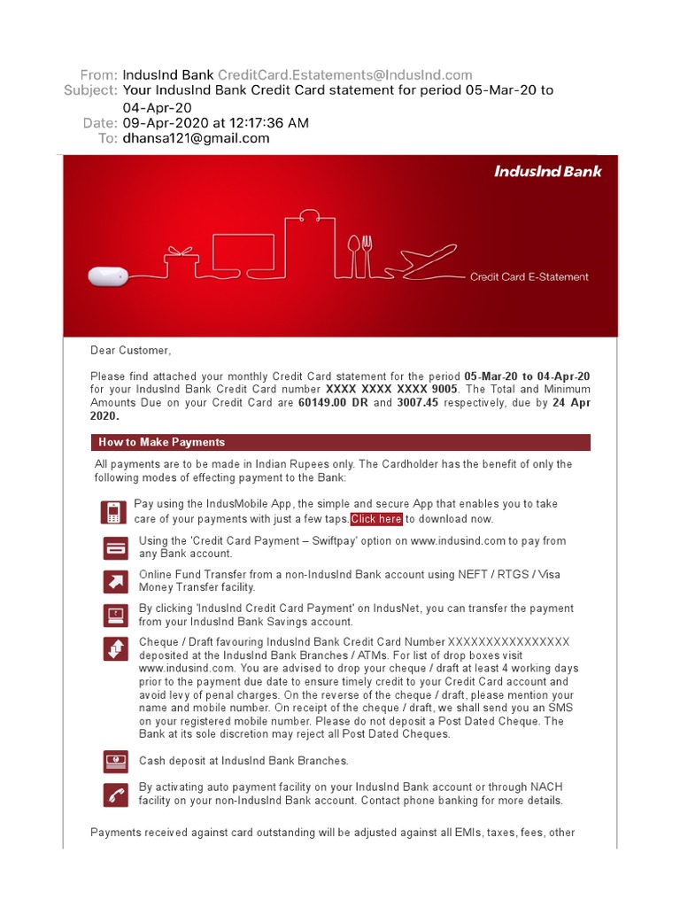 Your Indusind Bank Credit Card Statement For Period 05 Mar 20 To 04 Apr ...