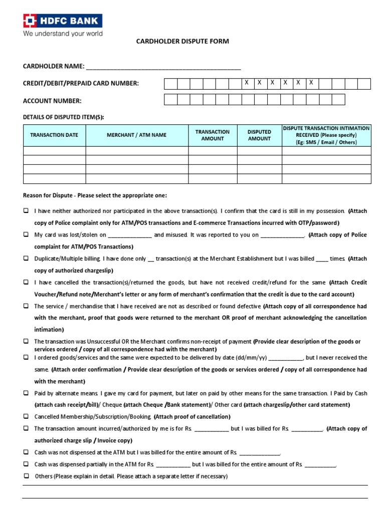 HDFC Dispute Form | PDF | Credit Card | Cheque