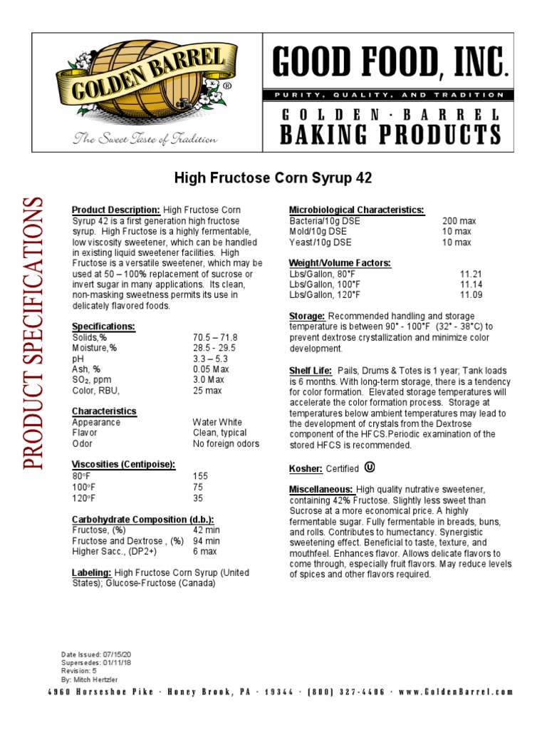 High Fructose Corn Syrup 42 - SPECIFICATION 07 15 20 | PDF | Fructose | Sucrose