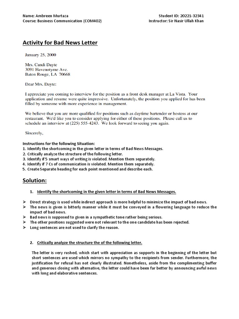 Bad News Letter Activity | PDF | Communication | Psychological Concepts