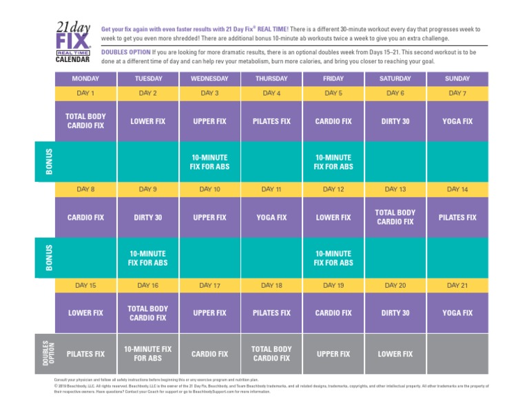 21 Day Fix REAL TIME Workout Calendar | PDF | Aerobic Exercise ...