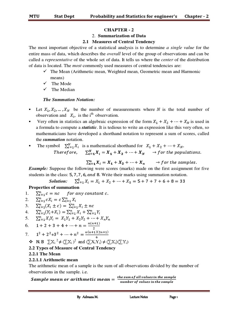MTU Stat Dept Probability and Statistics for engineer's Chapter - 2 | PDF | Mean | Mode (Statistics)