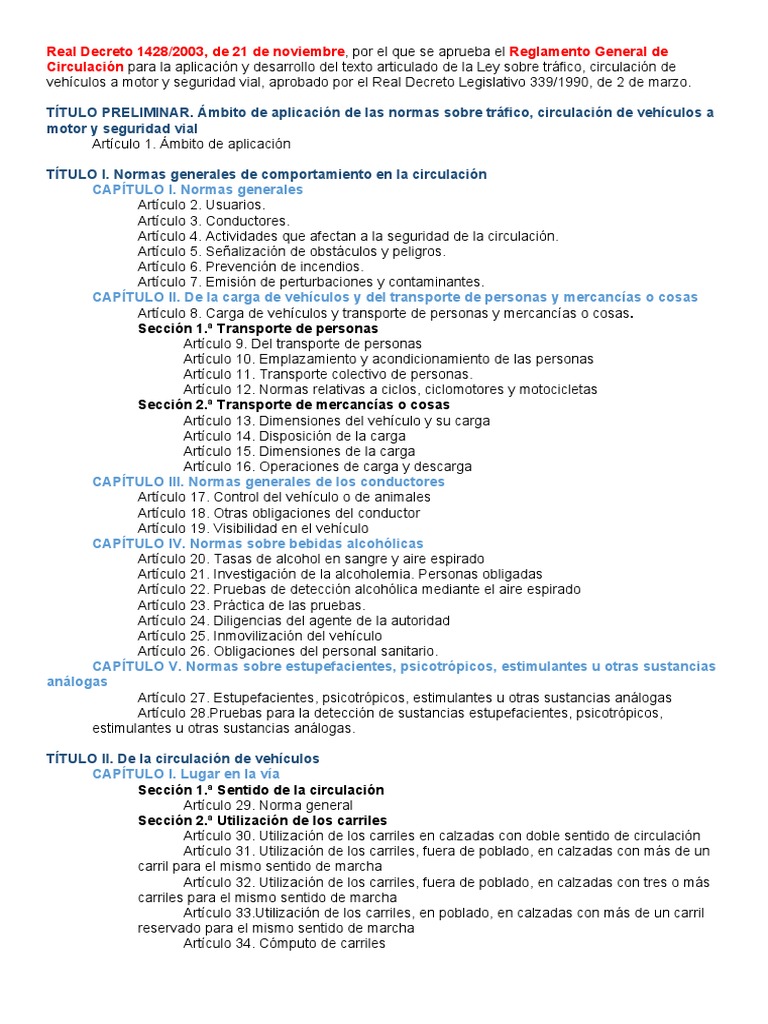 Estructura Real Decreto 1428:2003 | PDF | Semáforo | Tráfico