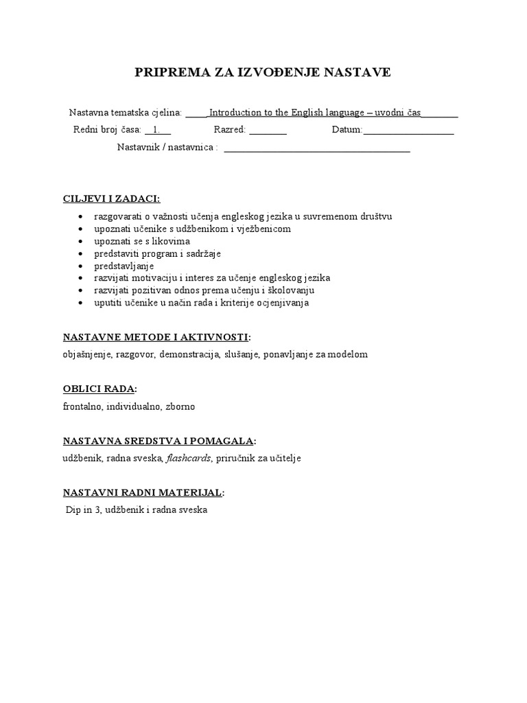 Pripreme Za Izvodjenje Nastave - DIP IN 3 | PDF