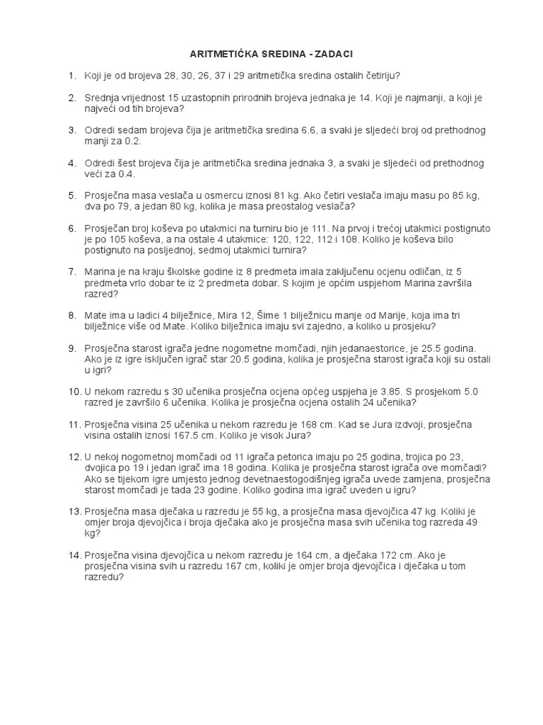 Aritmeticka Sredina Zadaci | PDF