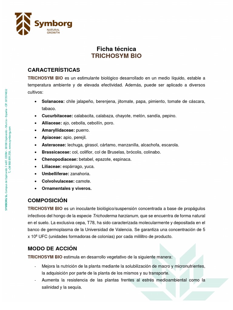 Ficha técnica de TRICHOSYM BIO, un estimulante biológico a base de Trichoderma harzianum para ...