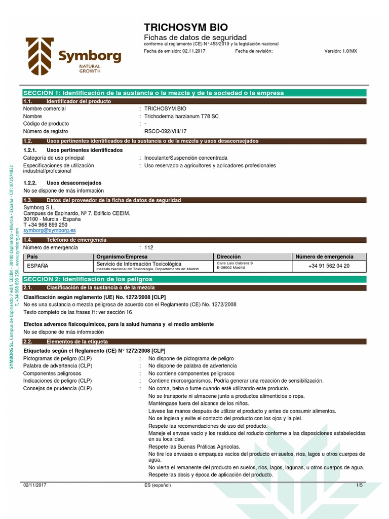Hoja de Seguridad-Trichosym Bio PDF | Descargar gratis PDF | Agua | Primeros auxilios
