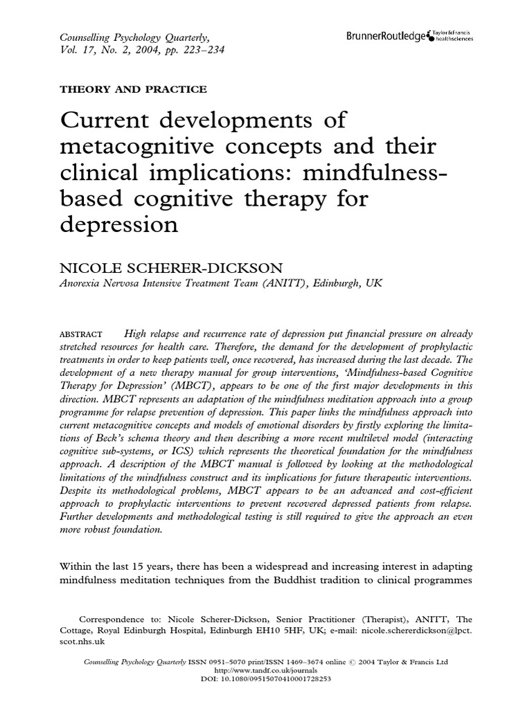 Metacognition Mbct Pdf Mindfulness Metacognition