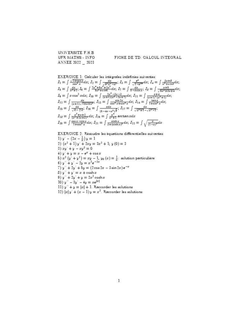 TD1 Calcul Intégral | PDF | Objets mathématiques