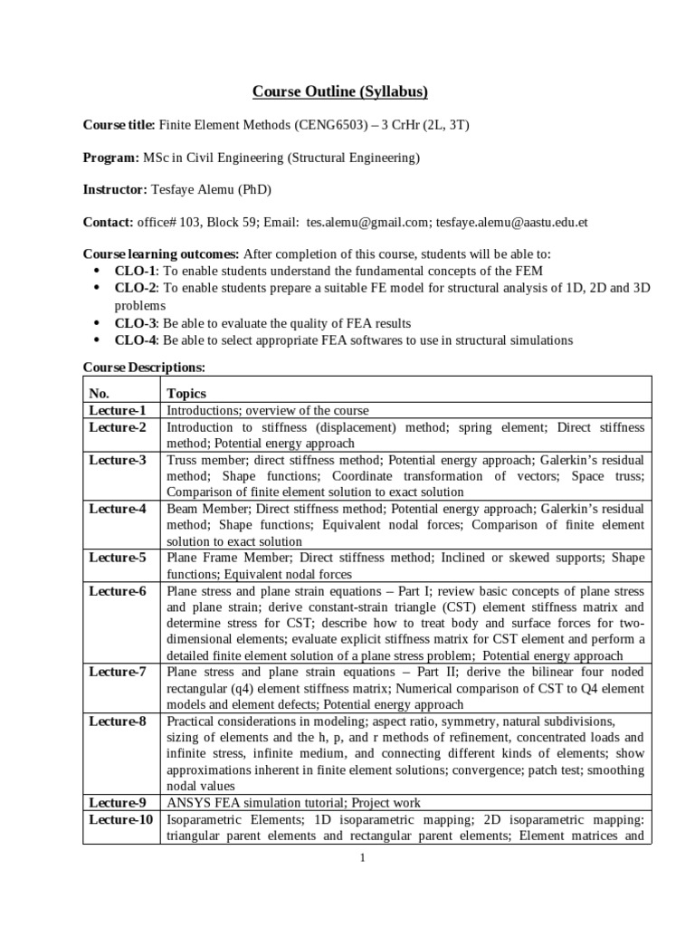 Finite Element Methods Course Outline | PDF | Finite Element Method | Matrix (Mathematics)