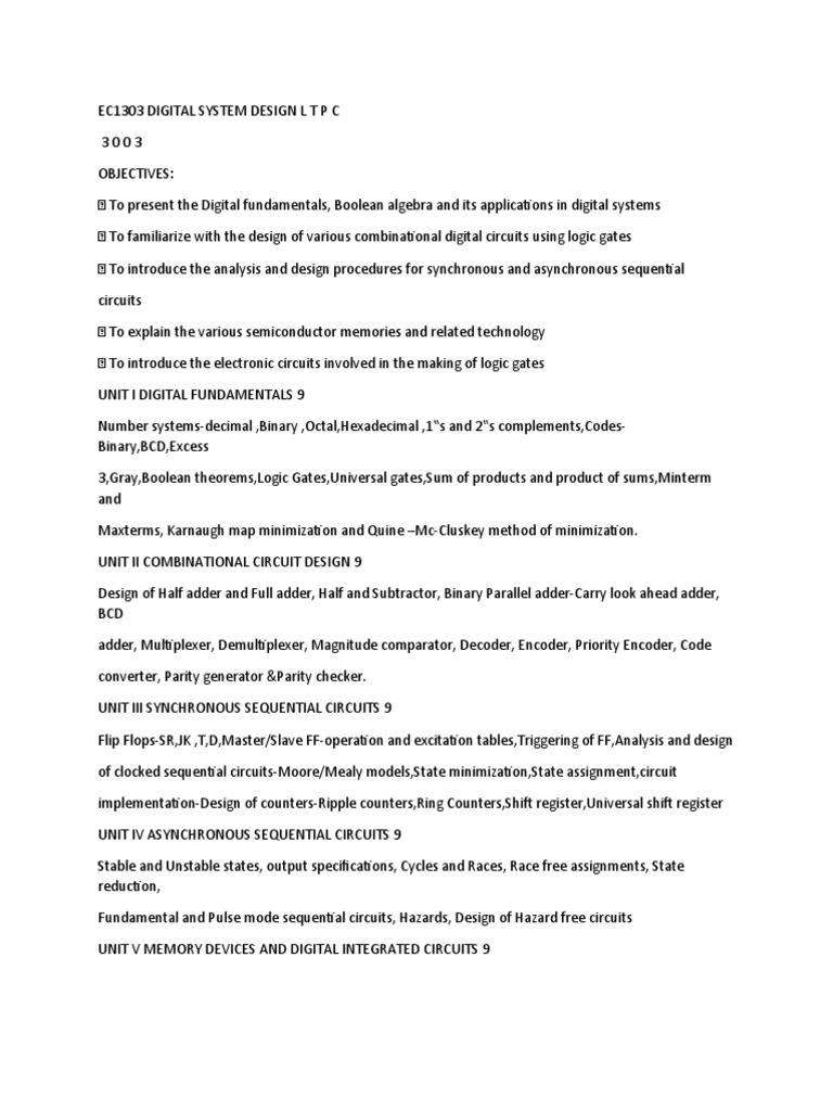 Ec1303 Digital System Design | PDF | Digital Electronics | Logic Gate
